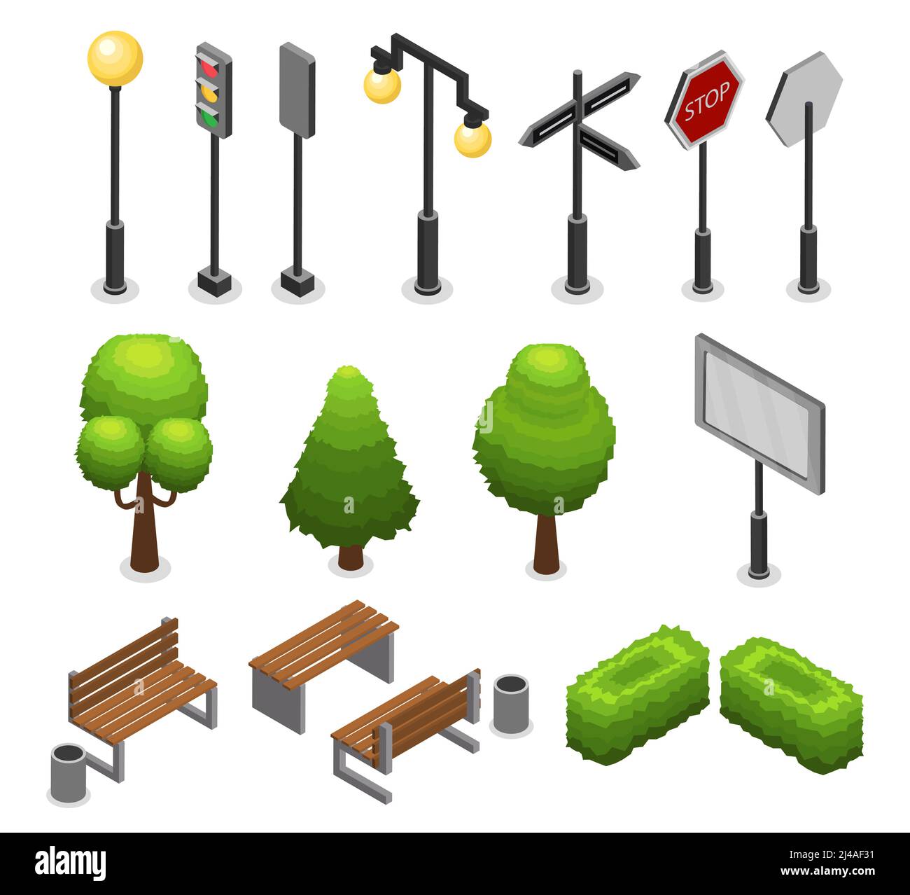 City street elements set with lamp lantern traffic light trees benches ...