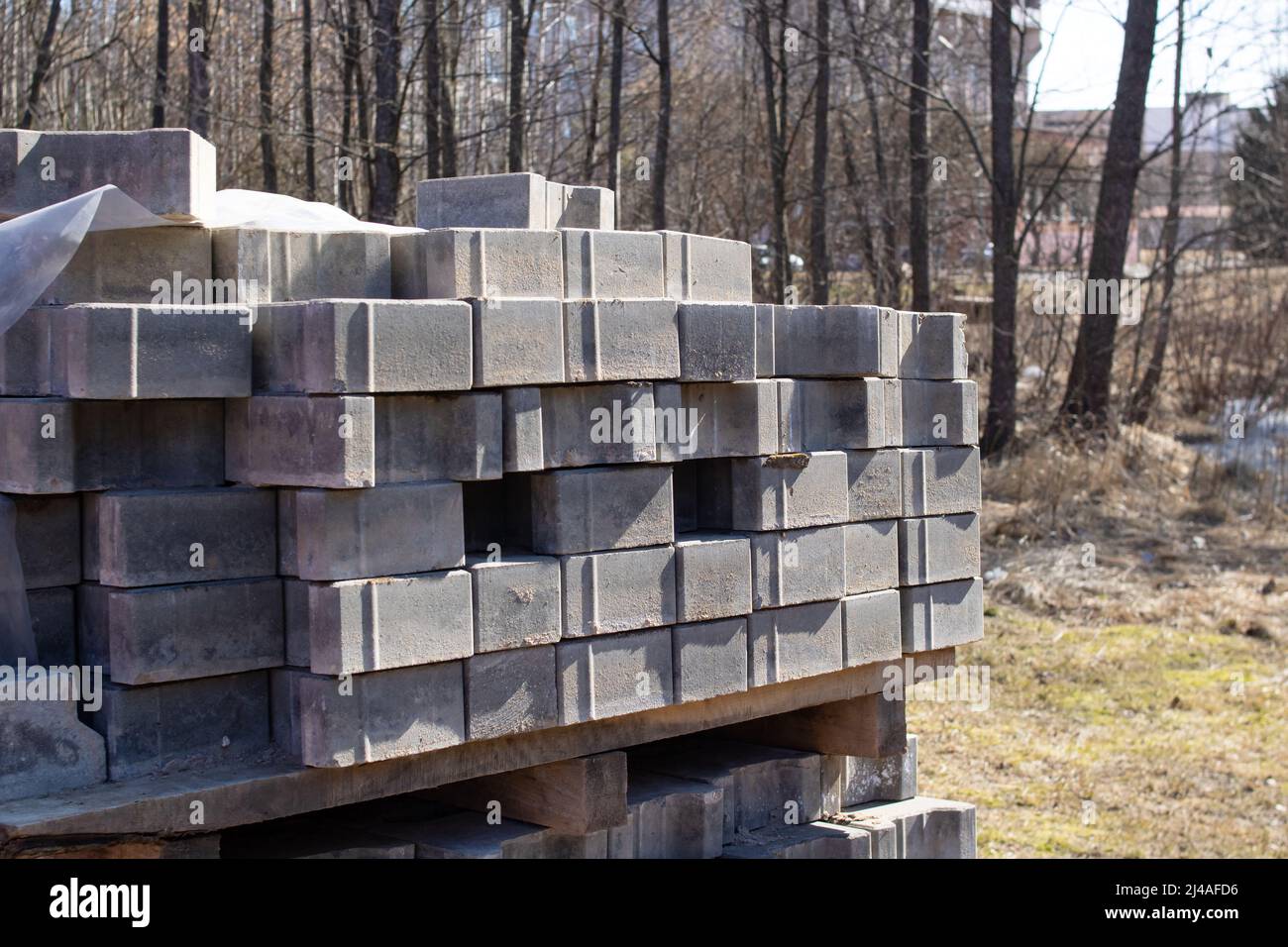 Packing of paving slabs lies on the construction site close up Stock ...