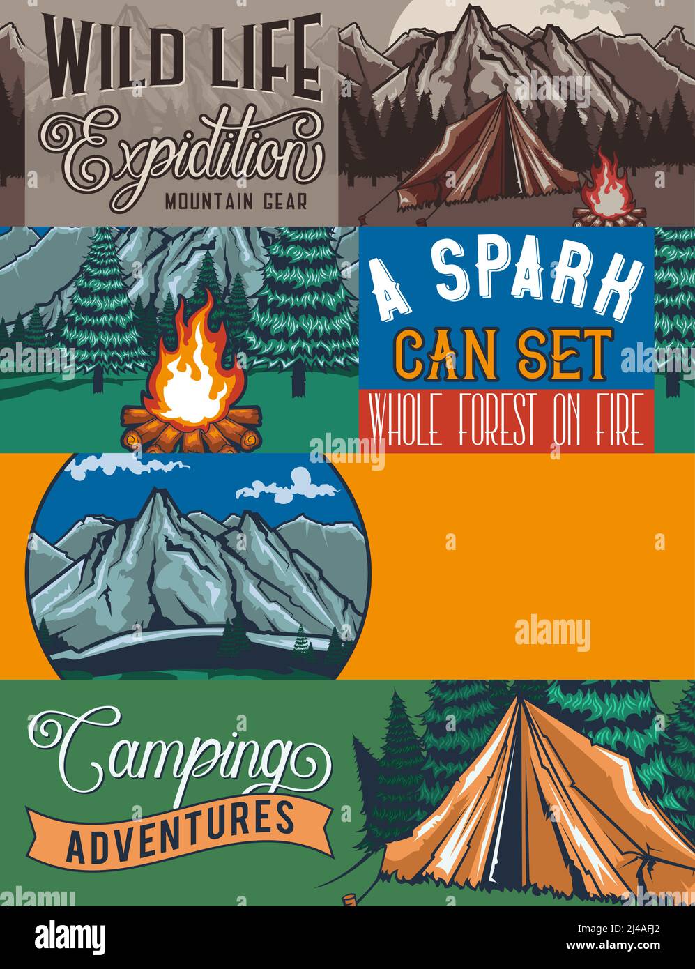 Web banner template with illustrations of a tant, campfire, forest and ...