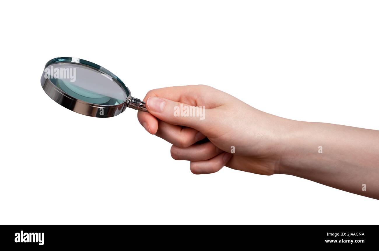 Woman hand with magnifying glass isolated on white background. Data ...