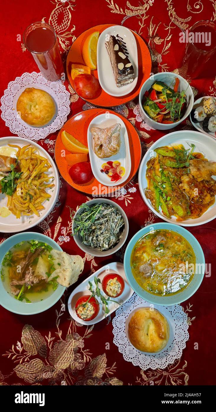 Set lunch with various dishes. top view of lunch in a cafe Stock Photo ...