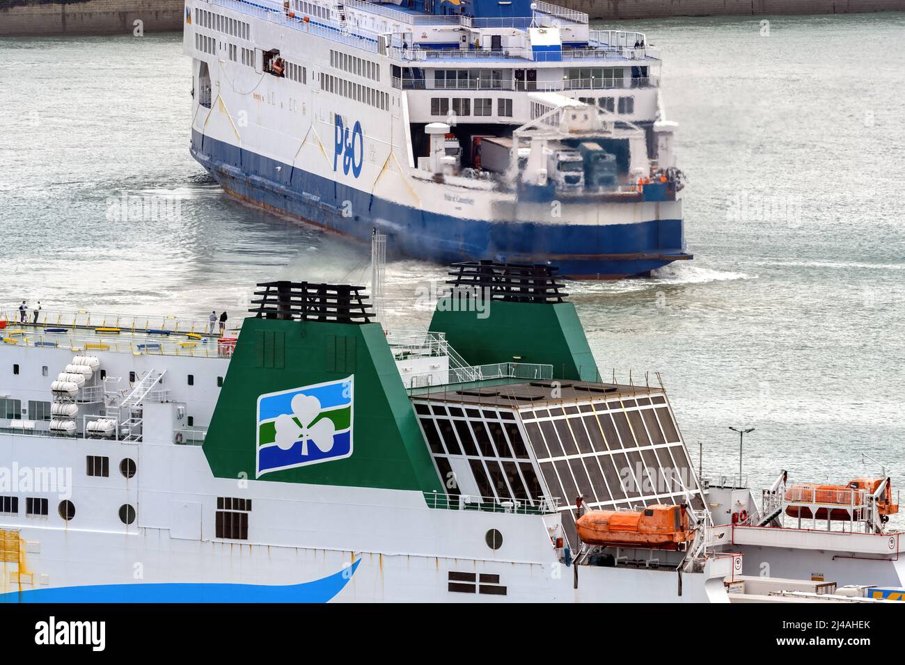 View of company logos on cross-Channel ferries at the Port of Dover ...