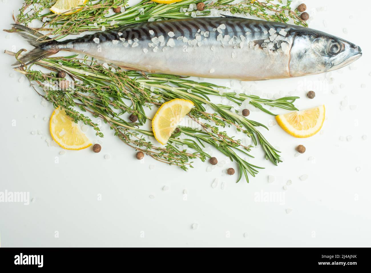 Raw sardines on a table with ice and spices. View from above Stock ...