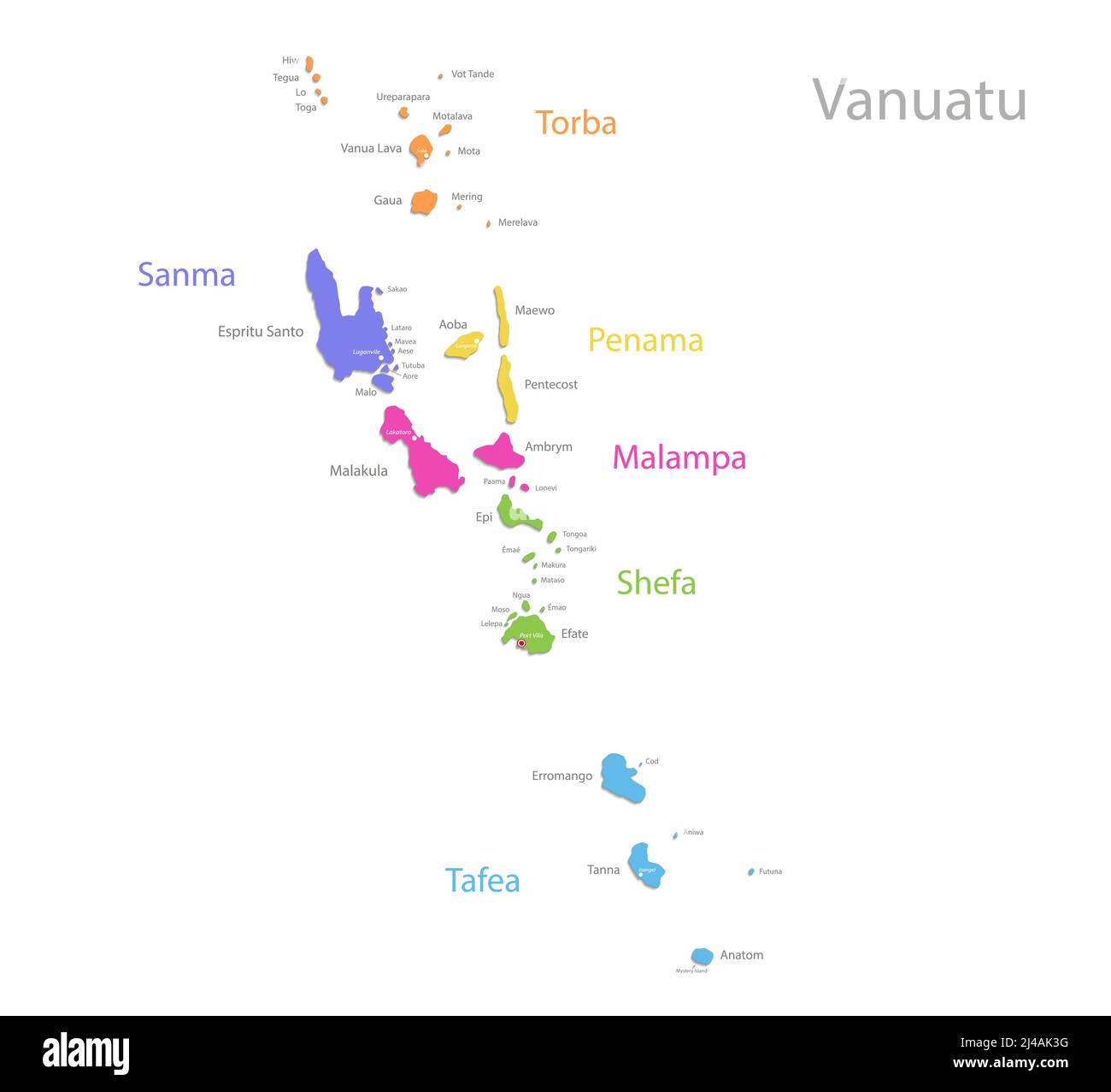 Vanuatu map, administrative division, separate individual regions with names, color map isolated ...
