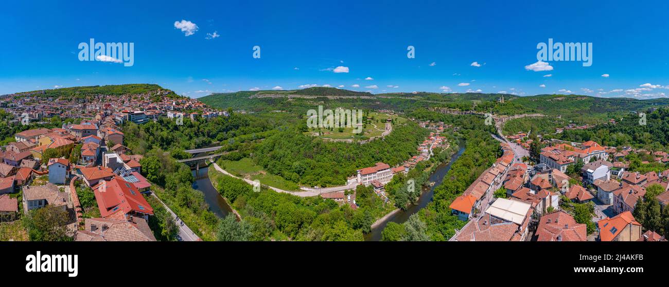 Aerial view of Tsarevets and Trapezitsa fortresses in Veliko Tarnovo ...