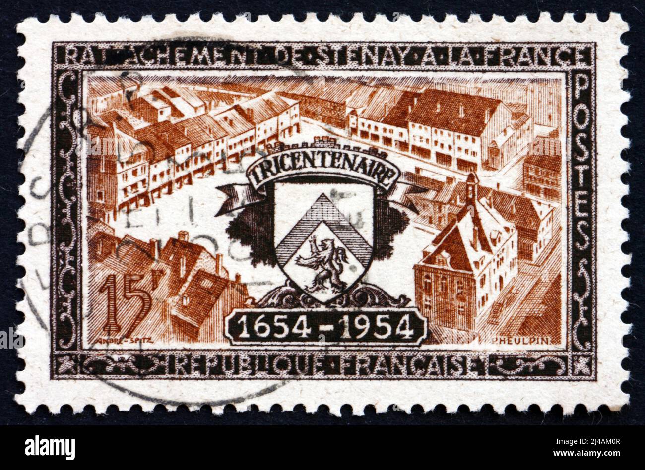 FRANCE - CIRCA 1954: a stamp printed in the France shows View of Stenay ...