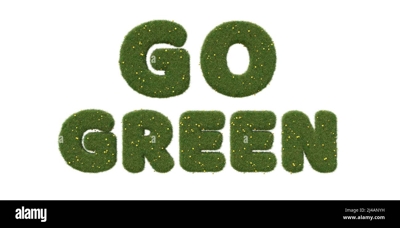 Text "go green" made of realistic grass with dandelions. Isolated on ...