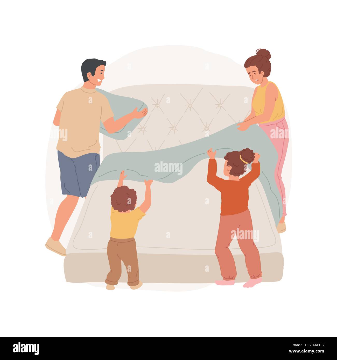 Making bed isolated cartoon vector illustration. Parents and kids ...