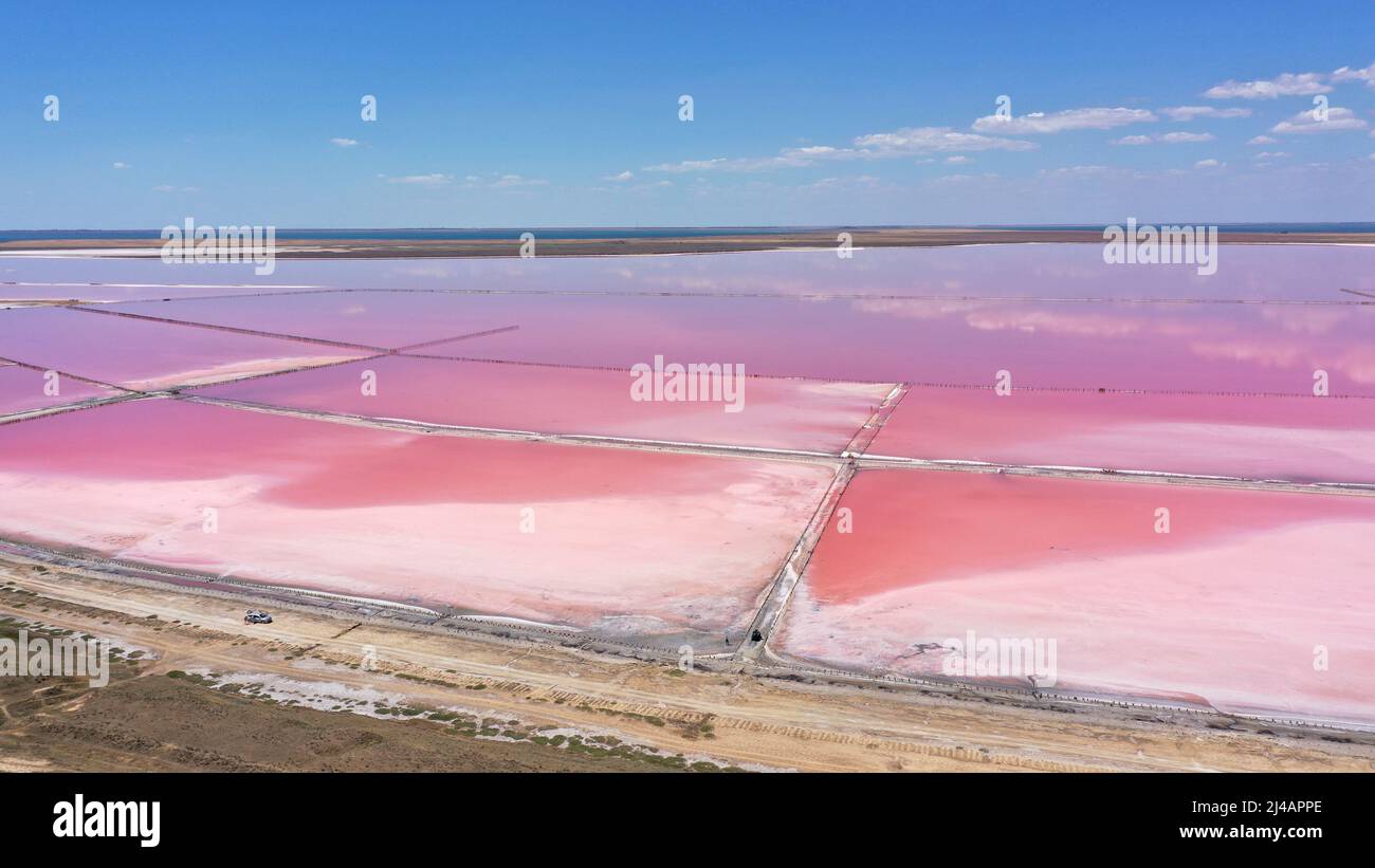 Aerial view of White salt on the shores of the island in Pink Island ...