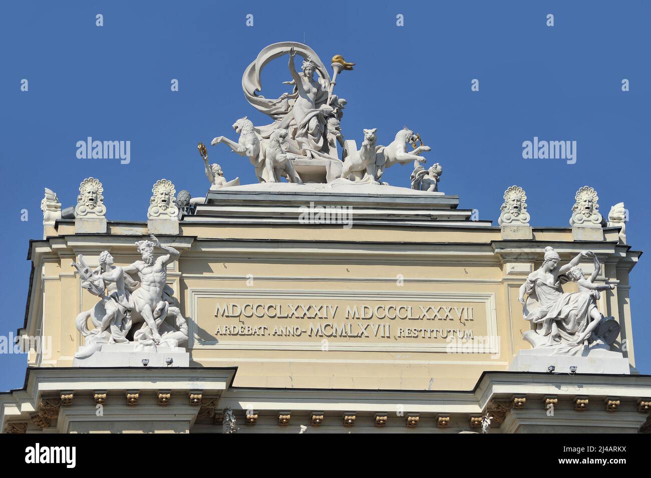 Statue of greek goddess Melpomene patroness of art in a chariot drawn ...