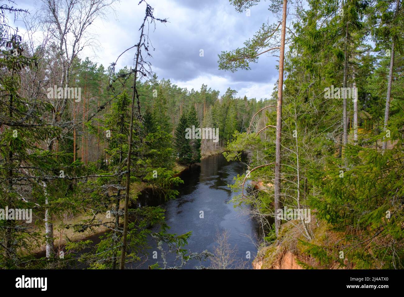 View to the river Salaca from high sandstone cliff in Skanaiskalns ...