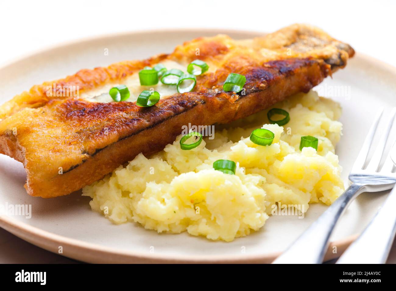 fried fish with mashed potatoes and spring onion Stock Photo - Alamy
