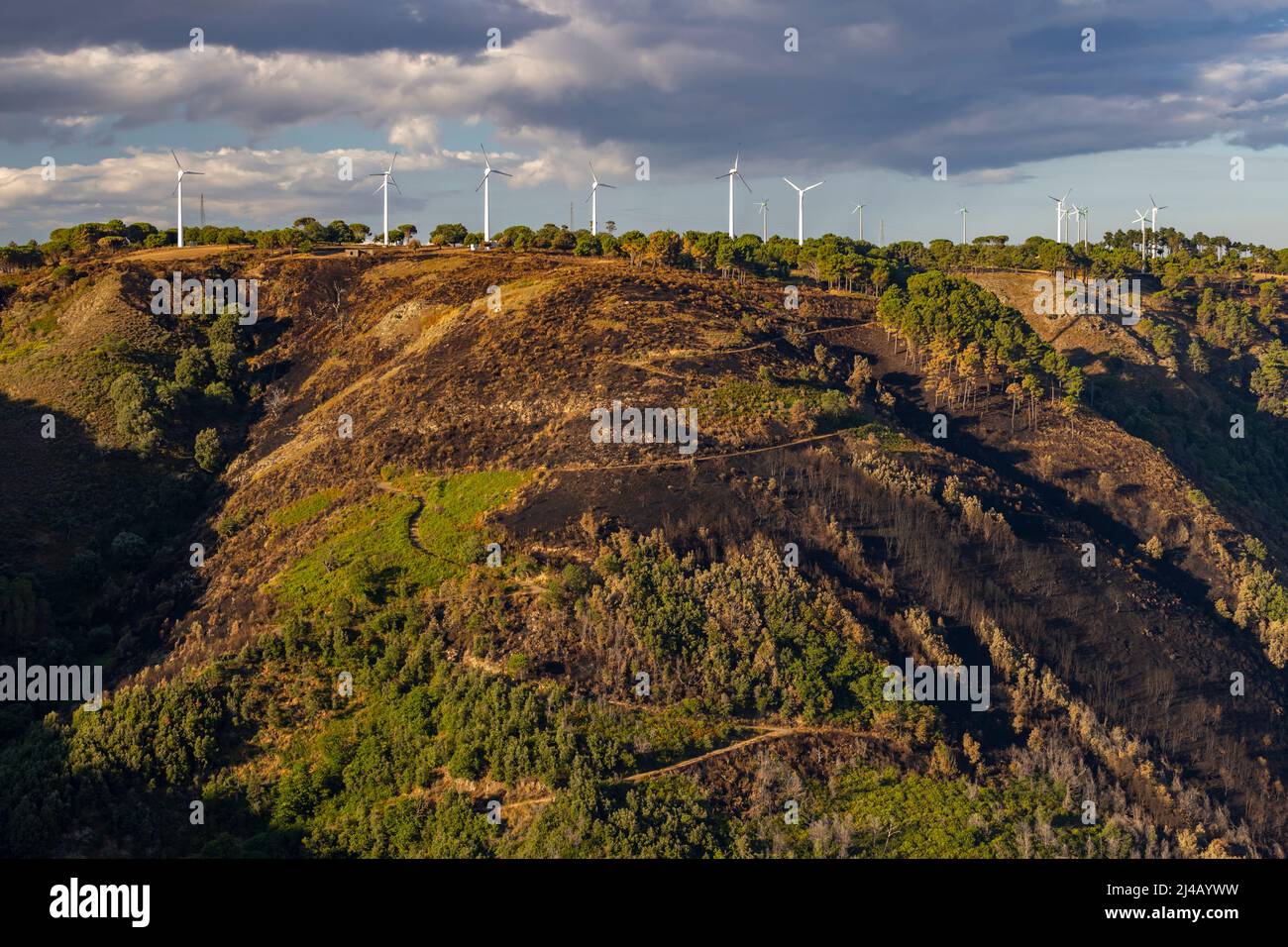 wind power plant illuminated by morning sun near Reggio di Calabria ...