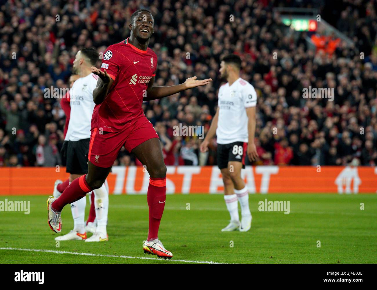Liverpool's Ibrahima Konate celebrates scoring the opening goal during ...
