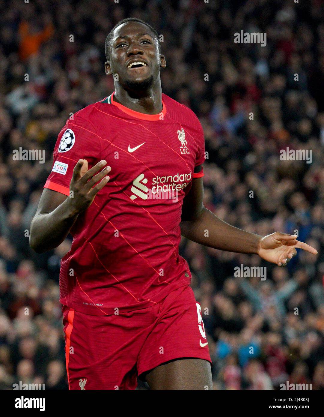 Liverpool's Ibrahima Konate celebrates scoring the opening goal during ...