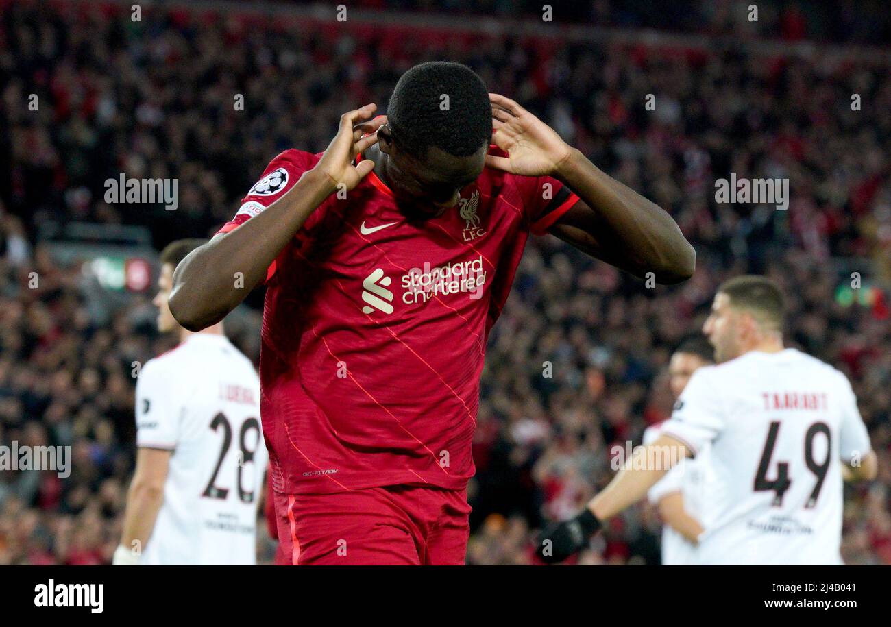 Liverpool's Ibrahima Konate celebrates scoring the opening goal during ...