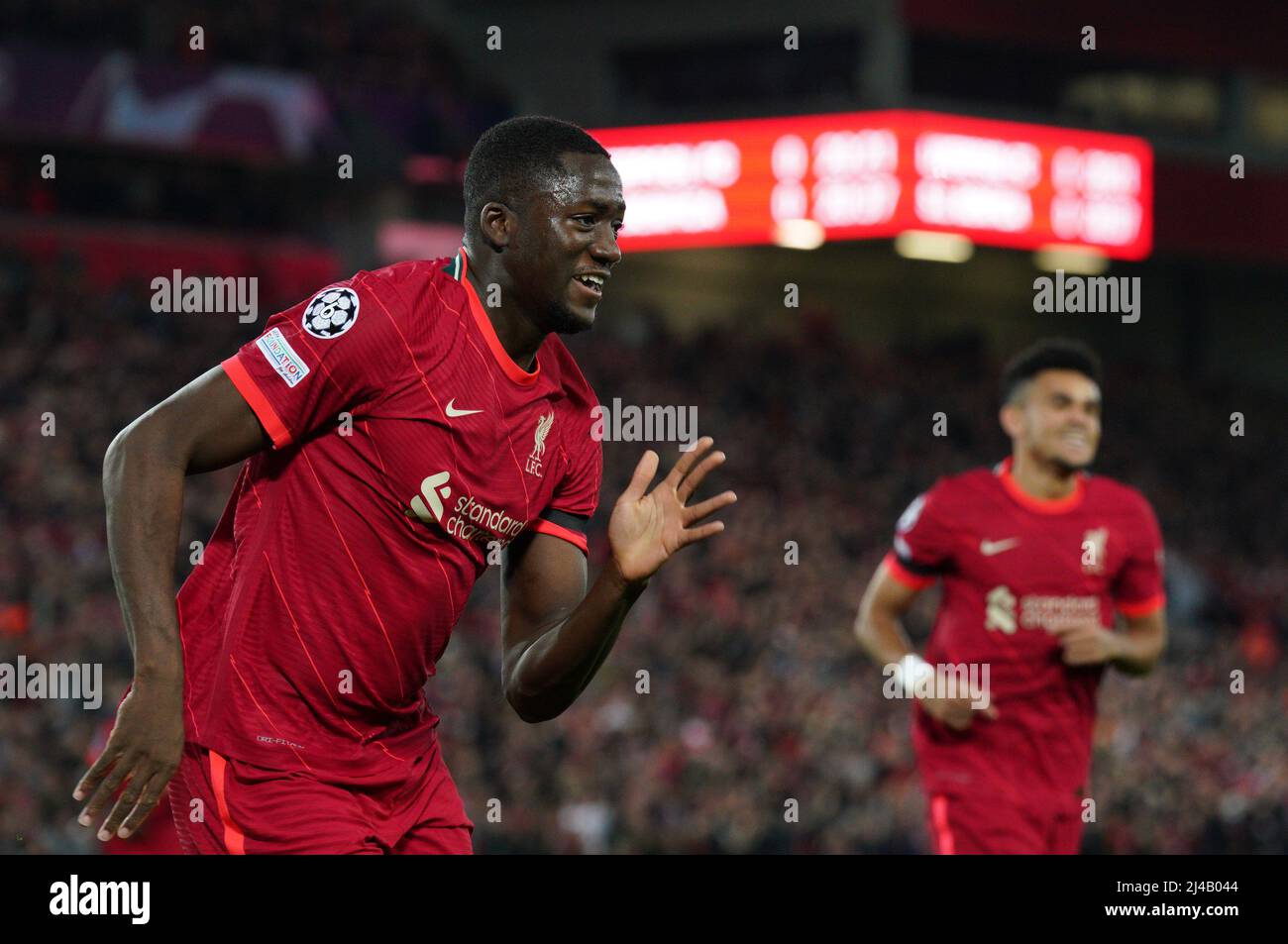 Liverpool's Ibrahima Konate celebrates scoring the opening goal during ...