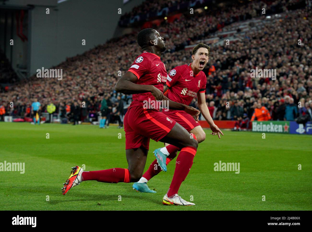 Liverpool's Ibrahima Konate celebrates scoring the opening goal during ...