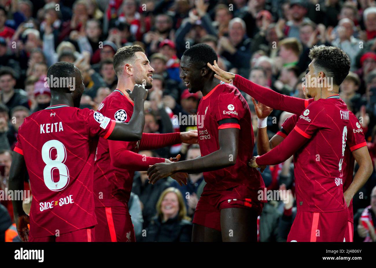 Liverpool's Ibrahima Konate celebrates scoring the opening goal during ...