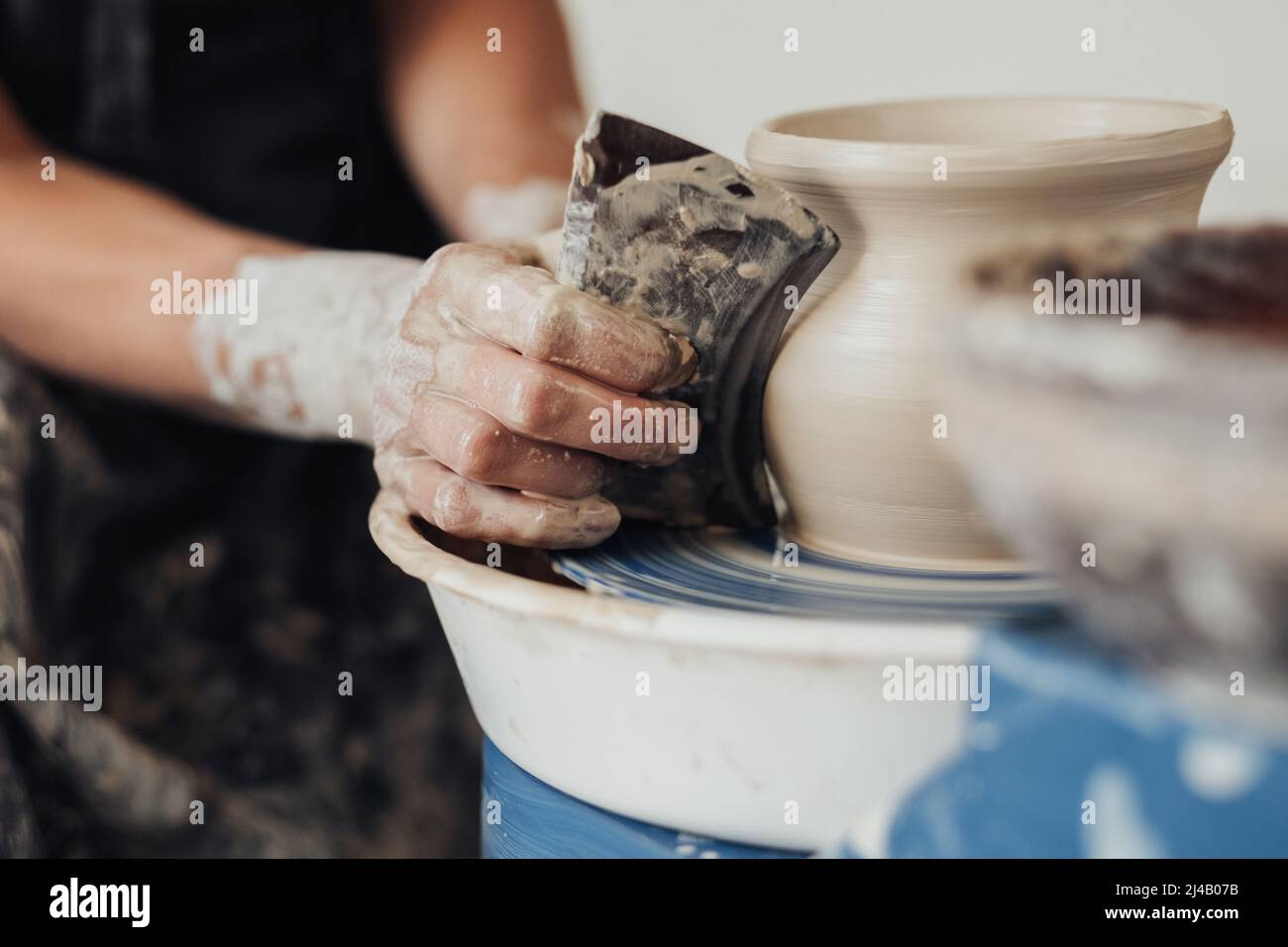 Close Up of Pottery Artist at Work, Potter Master Creating Clay Pot on ...