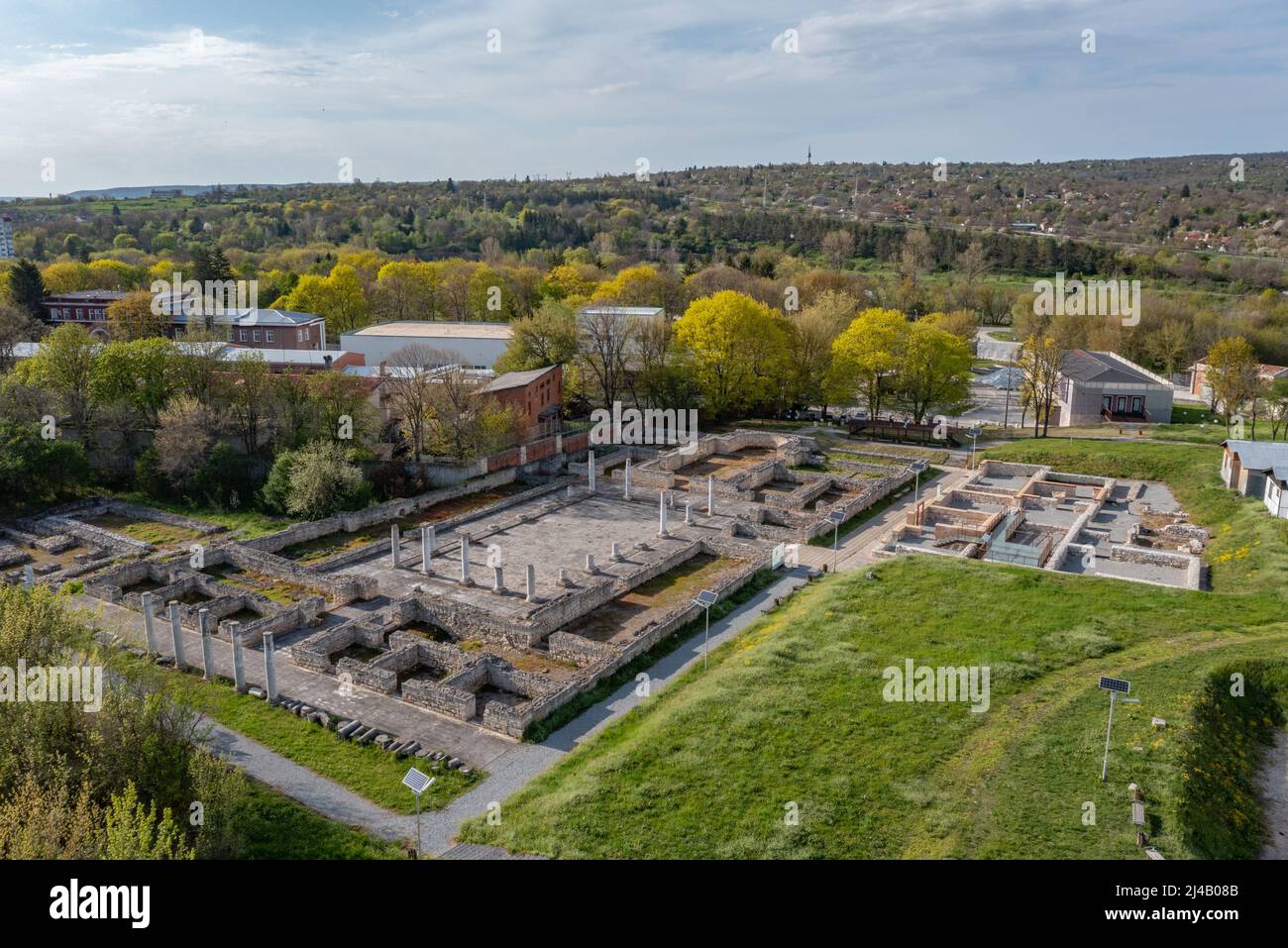 Aerial view of ruins of ancient roman town Abritus near Razgrad ...