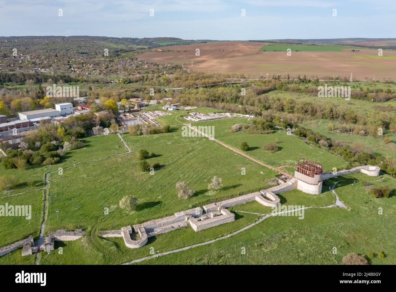 Aerial view of ruins of ancient roman town Abritus near Razgrad ...