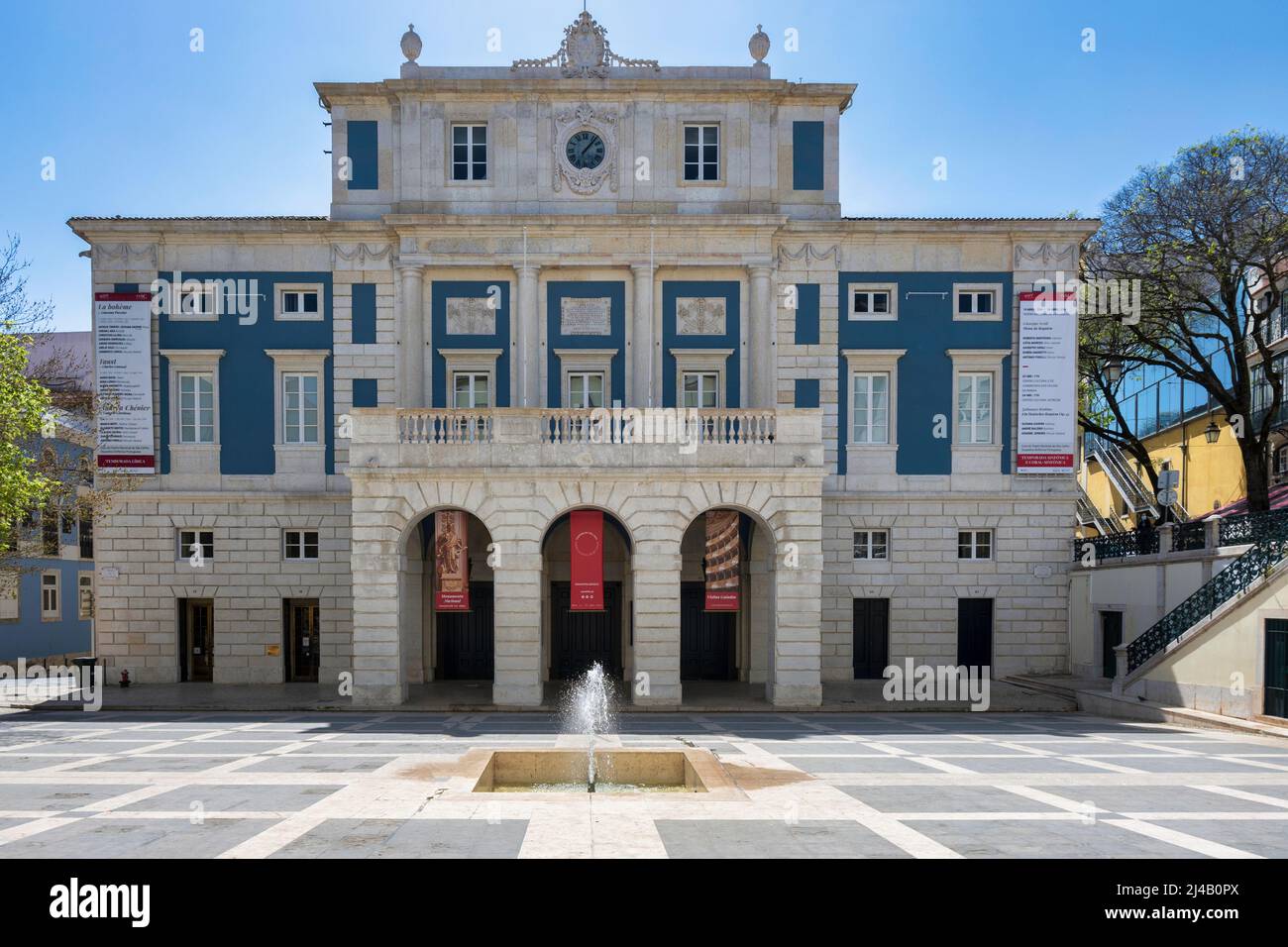 The elegant neoclassical facade of the São Carlos National Theatre ...