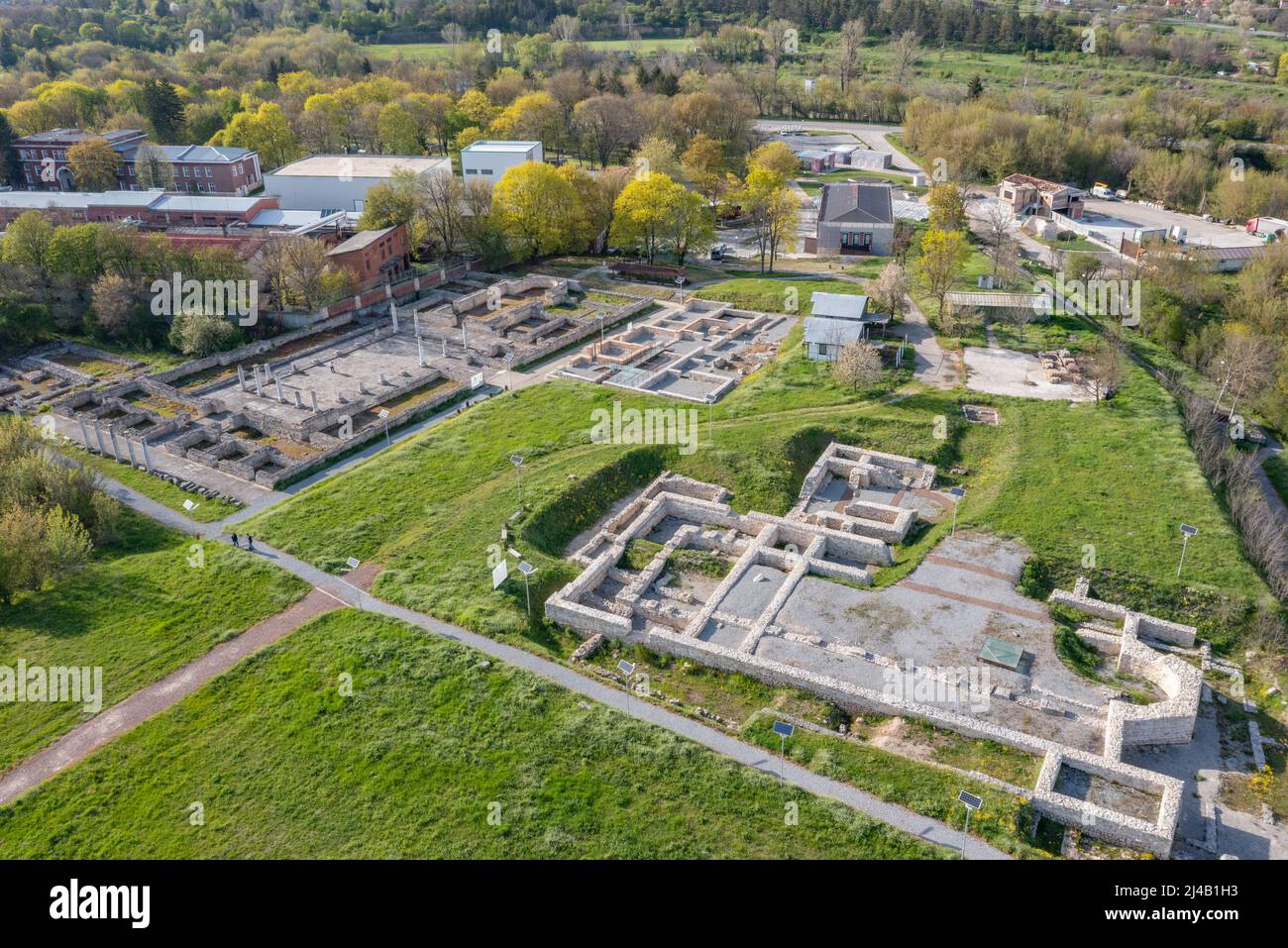 Aerial view of ruins of ancient roman town Abritus near Razgrad ...