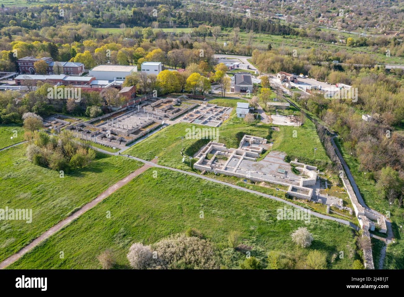 Aerial view of ruins of ancient roman town Abritus near Razgrad ...