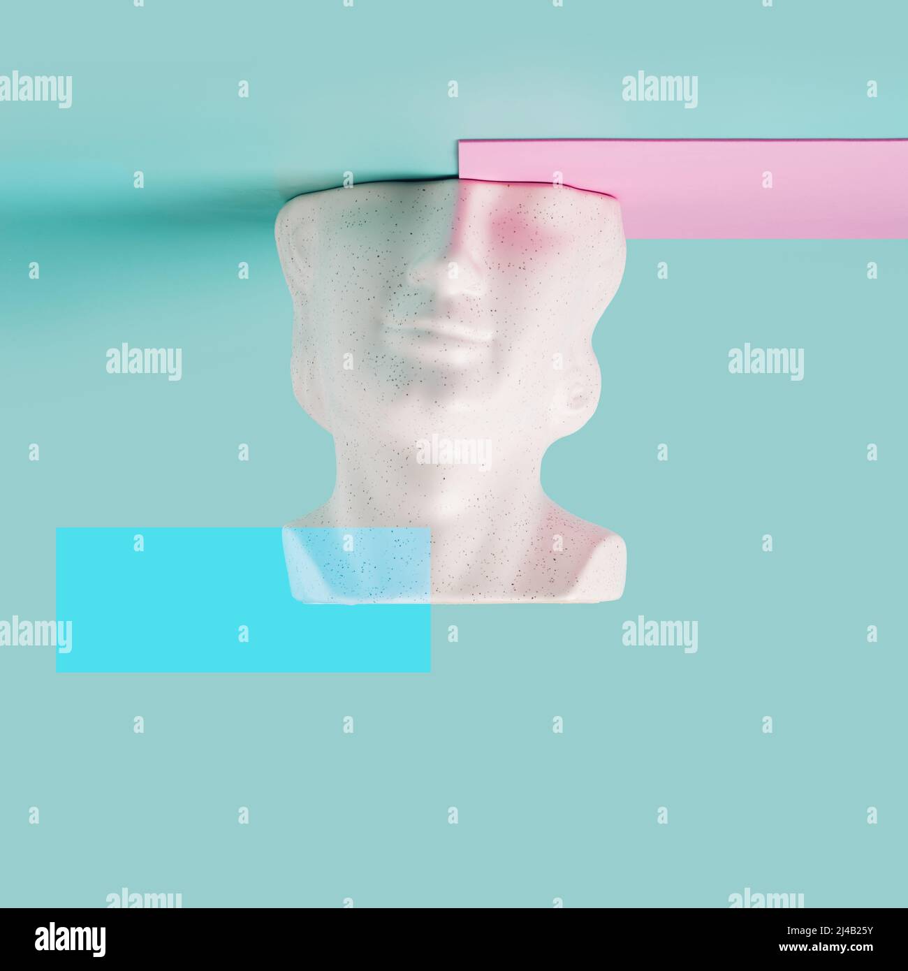 Glitch art geometric background with blue and pink shapes on a head sculpture. Retro futurism ...