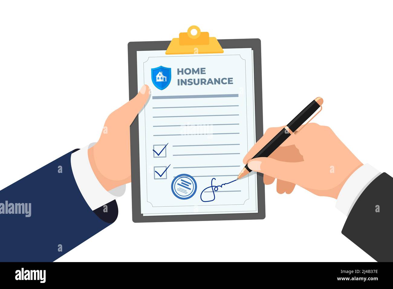 Businessman signing home insurance policy. House protection agreement ...