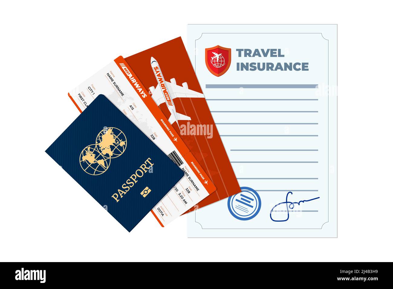 Travel insurance policy advertising concept. Safe plane trip and signed ...