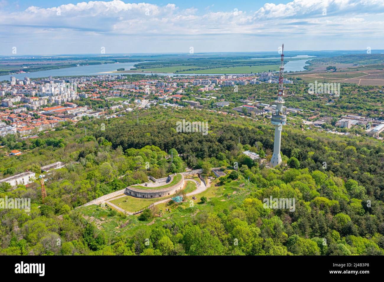 Aerial view of Silistra with TV tower, Danube river and Medjidi Tabia ...