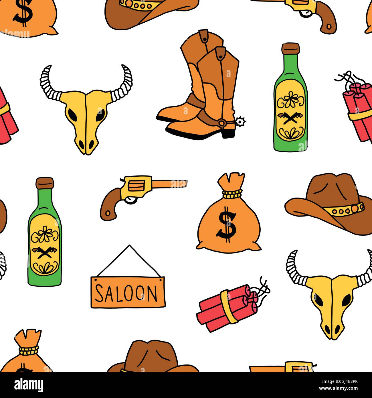 Wild West seamless vector pattern. Cowboy boots, colt, drink, dynamite ...