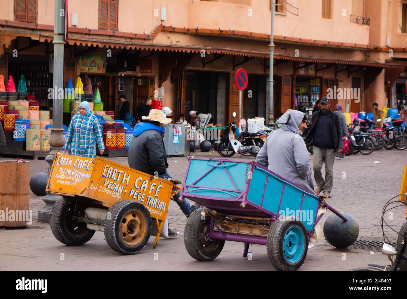 MARRAKESH, MOROCCO - NOVEMBER 21; 2018 transport carts waiting for ...