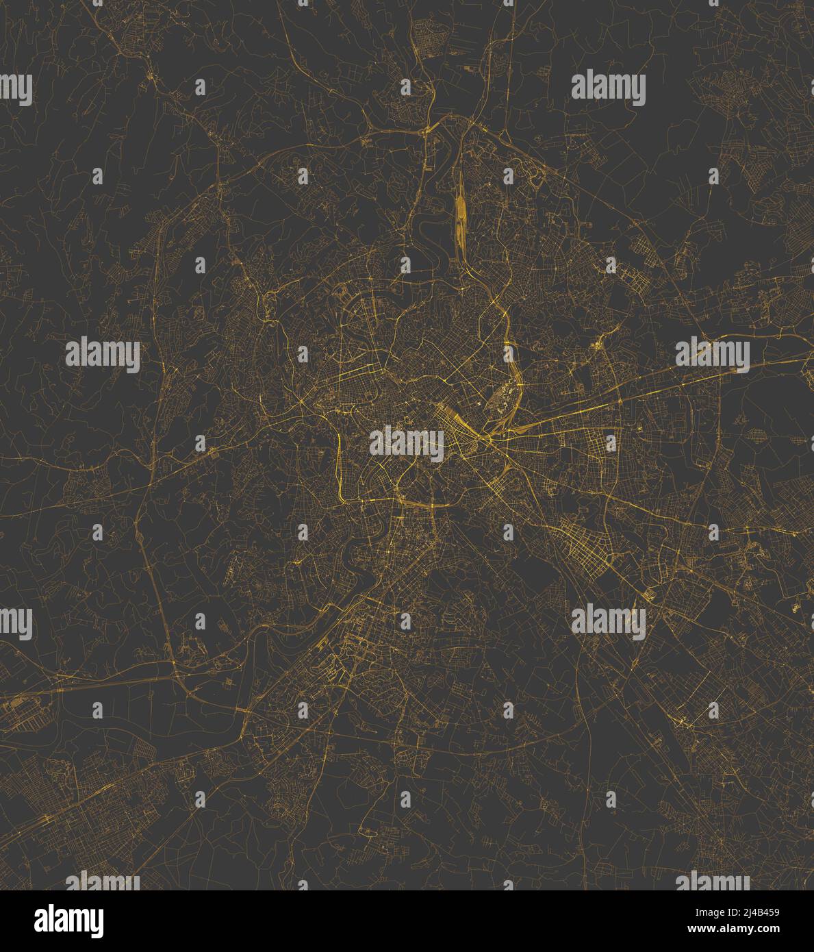 Satellite view of the street map of Rome, night view. Illuminated ...