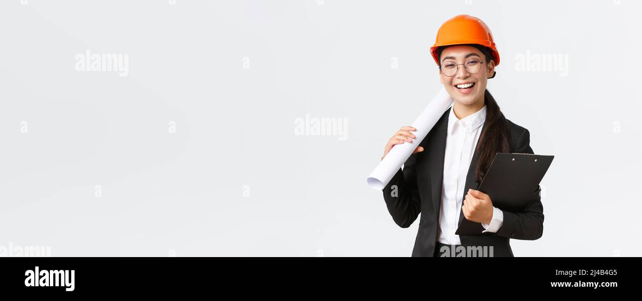 Professional happy asian female architect, construction engineer in ...