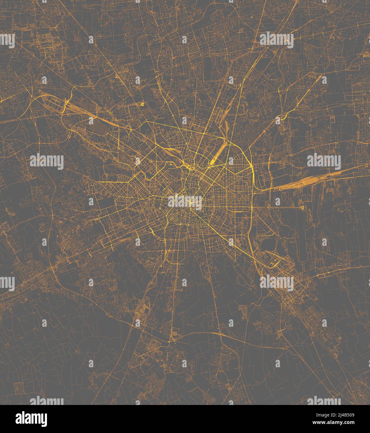 Satellite view of the street map of Milan, night view. Illuminated ...