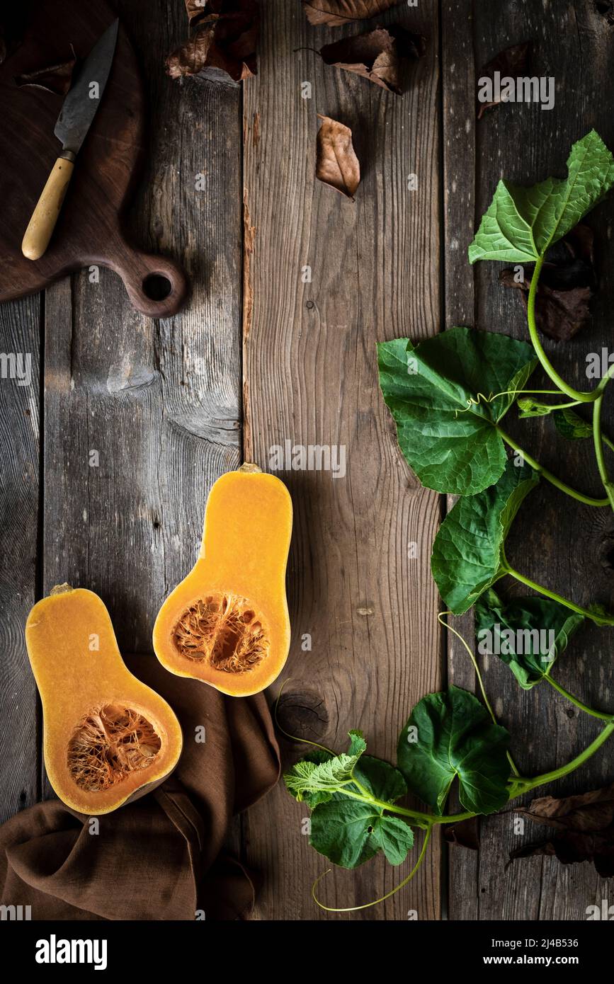Sliced butternut squash and vines on a rustic wooden table Stock Photo ...