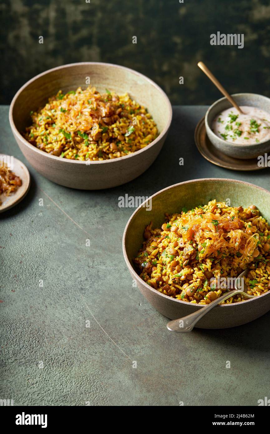 Middle Eastern spiced lentils and rice with caramelized onions Stock ...