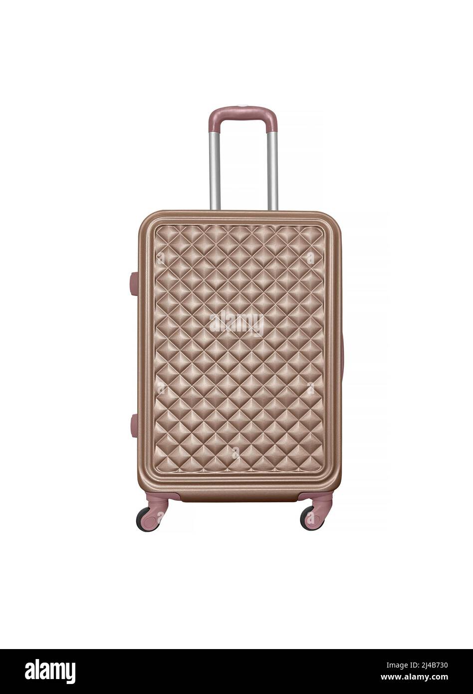 Front view of golden suitcase luggage isolated on white background with ...