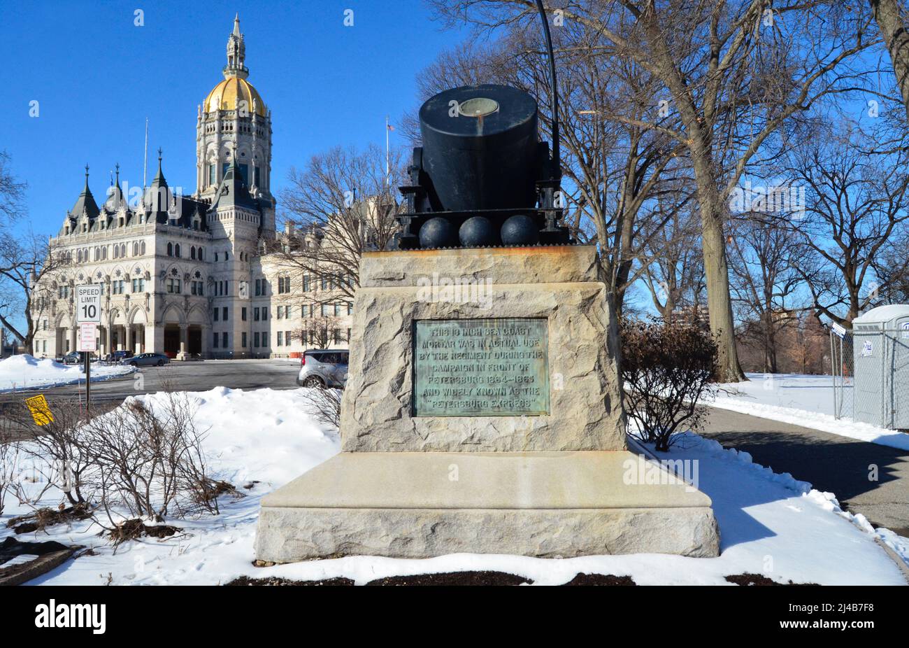 Mortar, used in the Civil War, in front of the ornate capitol building ...