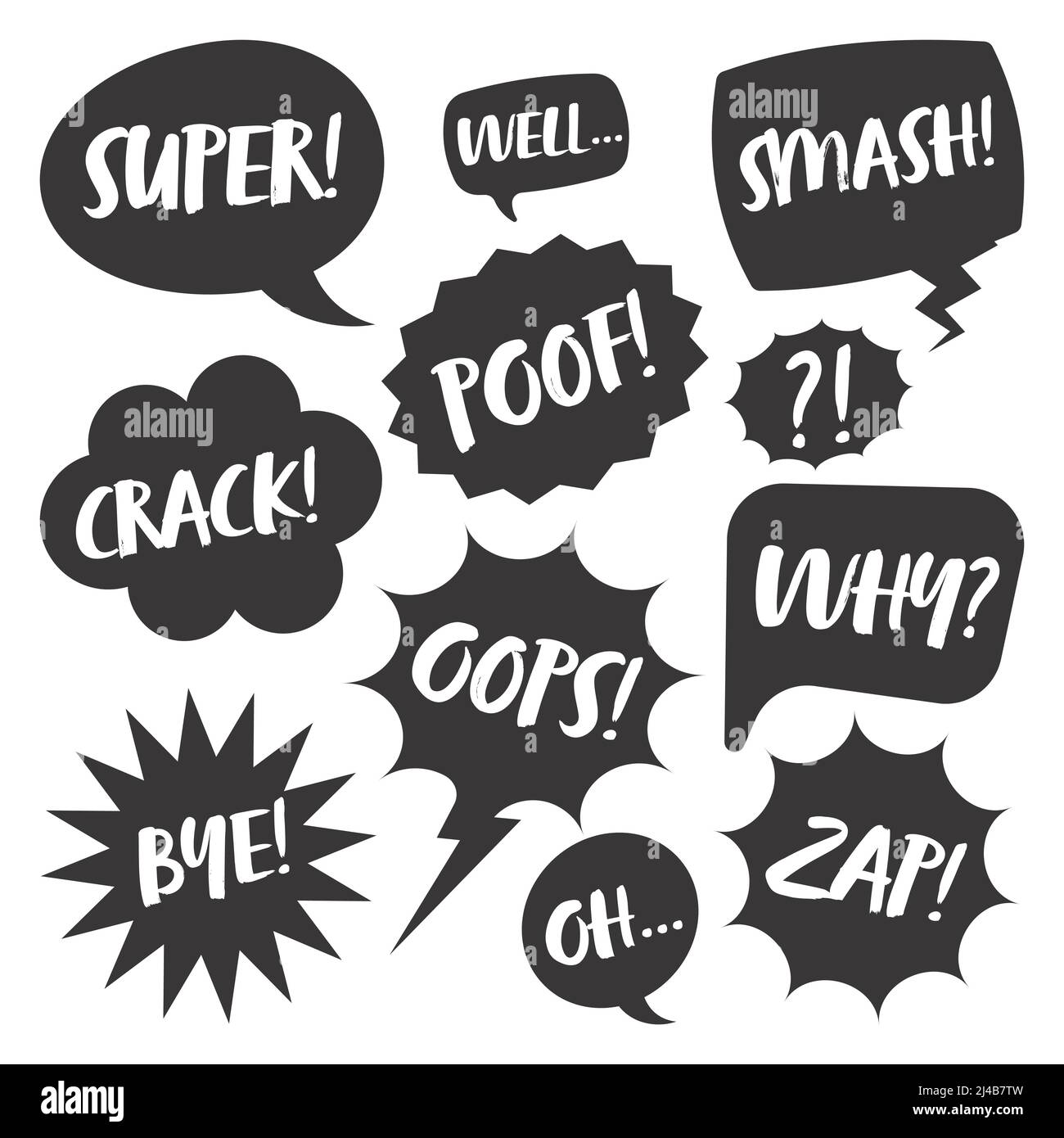 Black comic speech bubbles with handwritten text isolated on white ...