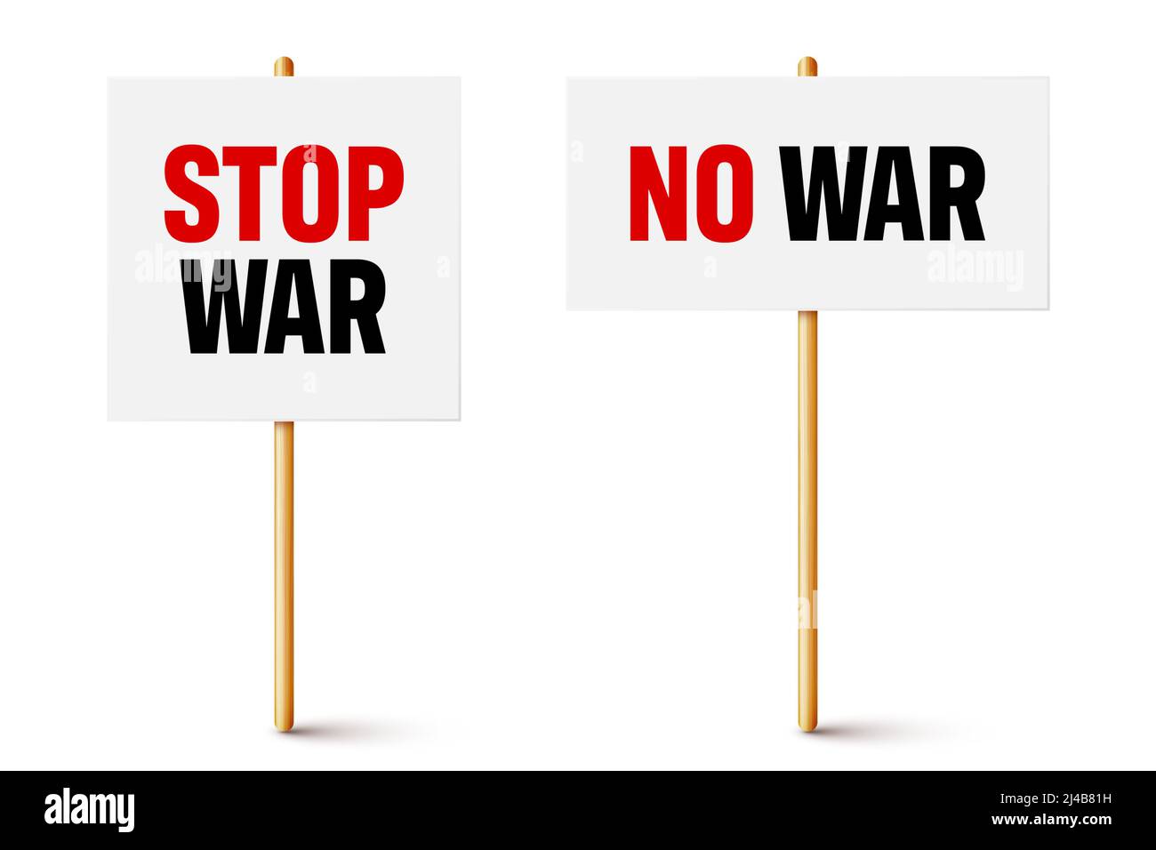 White protest sign on wooden holder. Stop war. Realistic demonstration ...