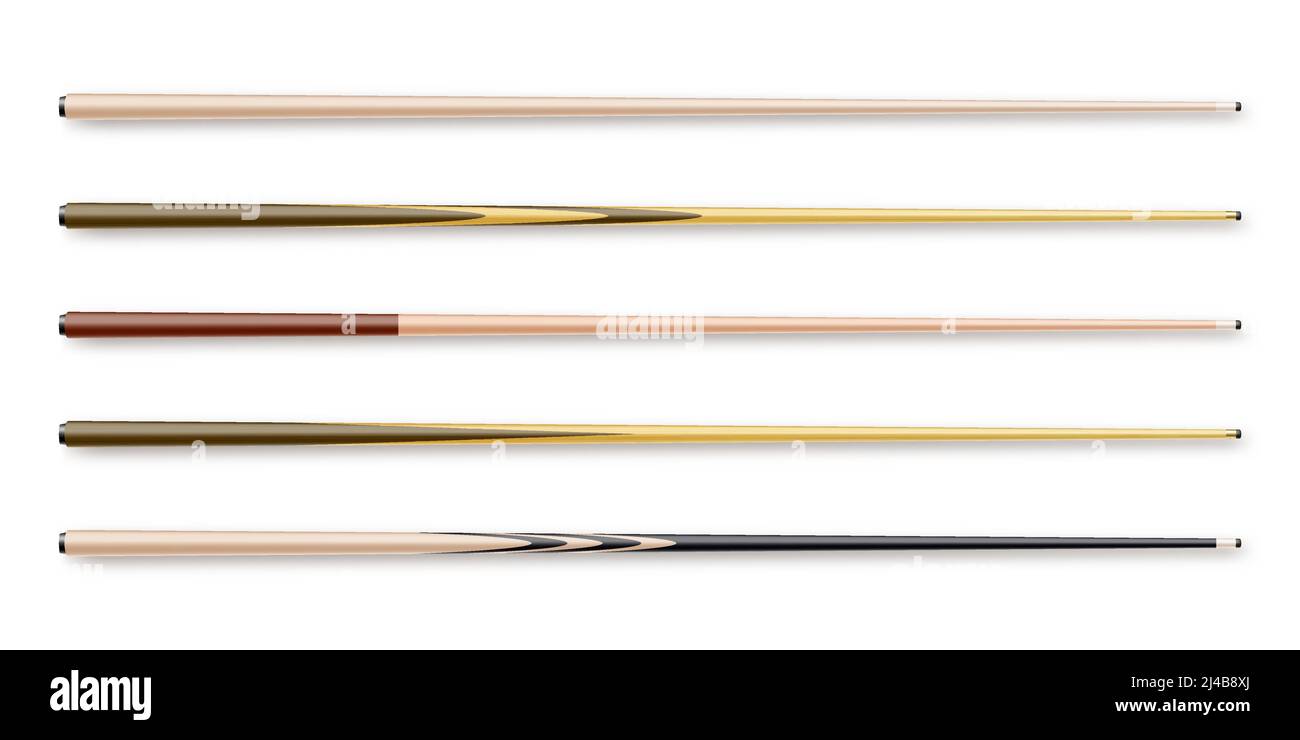 Various wooden billiard cues isolated on white background. Snooker sports equipment. Vintage ...