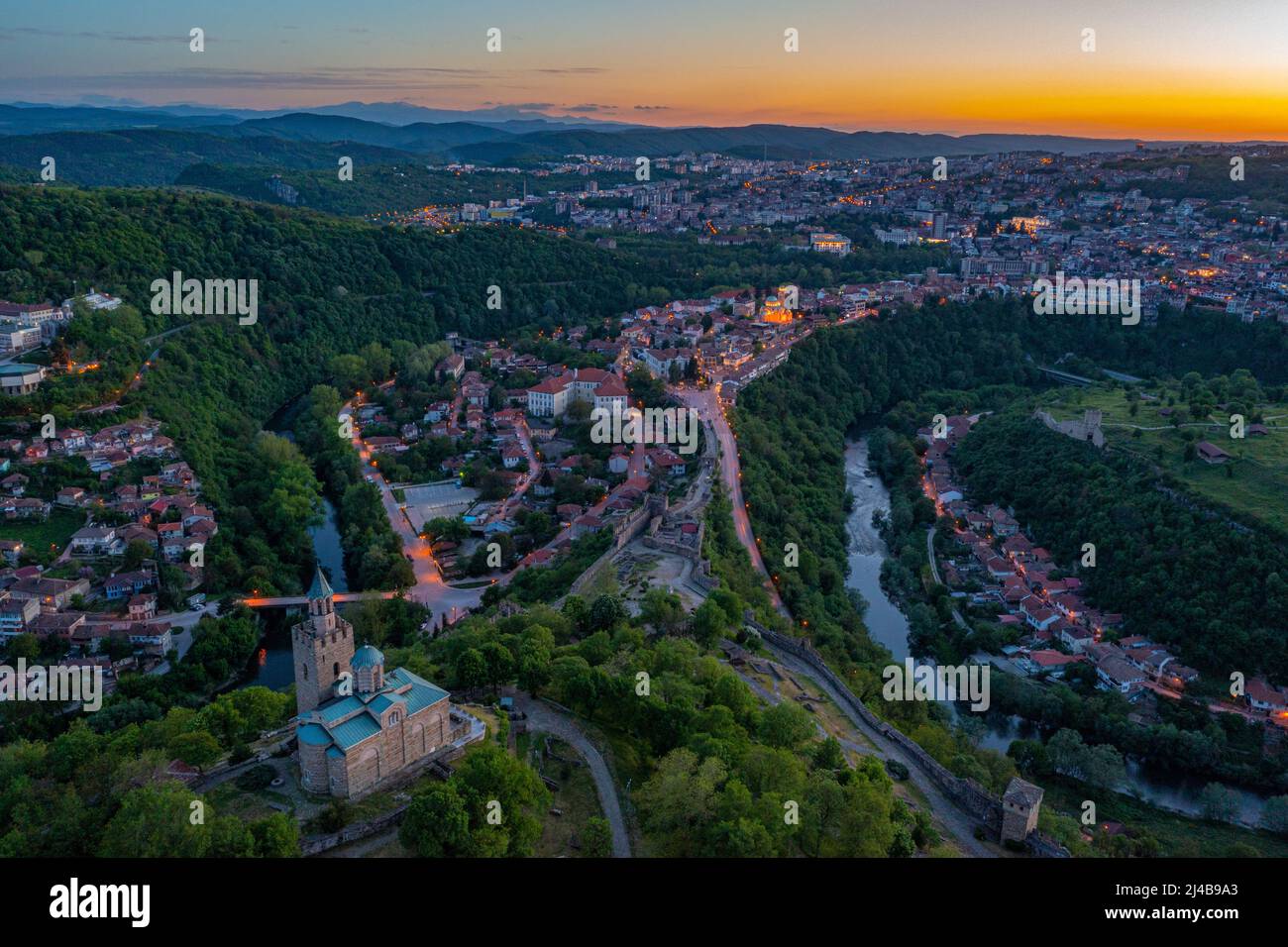 Sunset aerial view of Veliko Tarnovo behind ascension cathedral in ...
