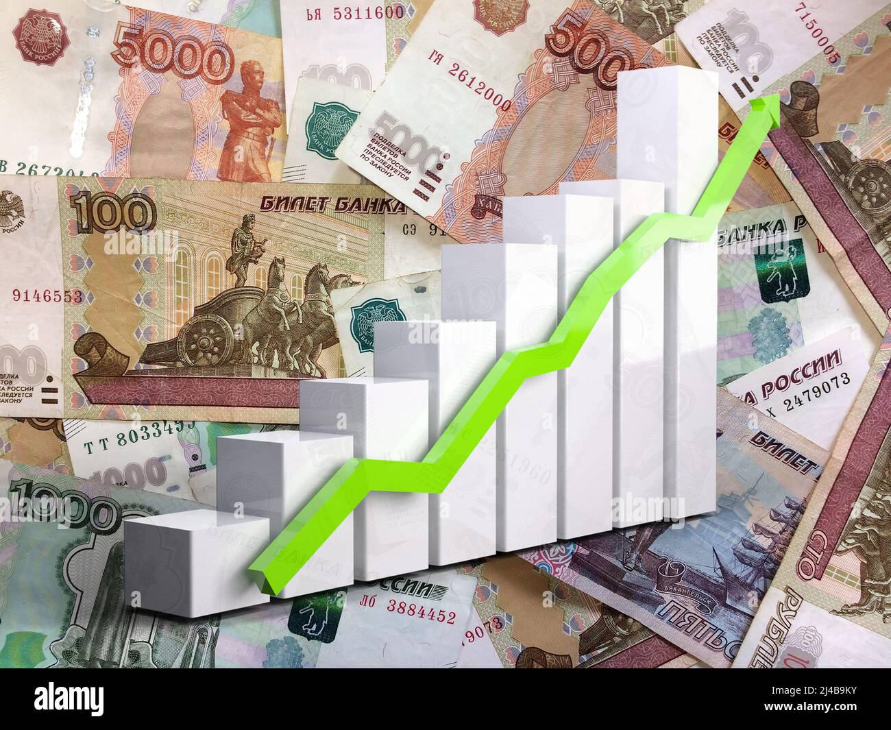Economy graph: Russian rubles and green rising arrow Stock Photo - Alamy