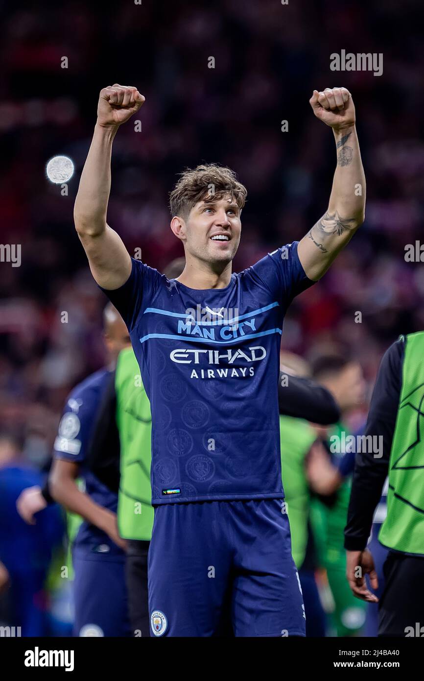 Madrid, Spain. 13th Apr, 2022. Stones celebrates the victory after the ...