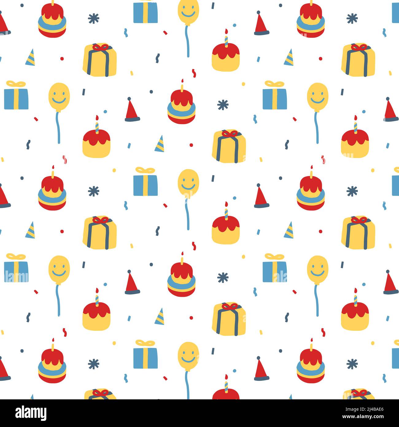 Vector pattern with birthday cake, gift, balloon, hat on white ...