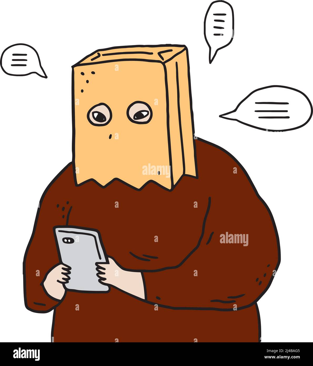 Hand drawn vector illustration of man with paper bag over head using ...